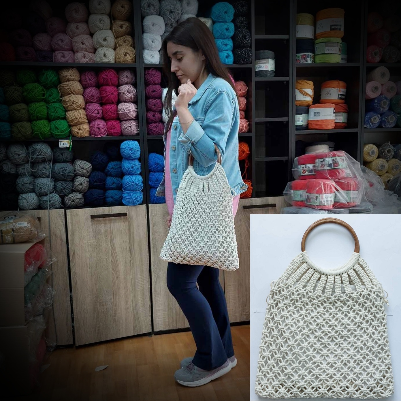 ΤΣΑΝΤΑ MACRAME ΑΠΛΗ ΠΛΕΞΗ ΜΕ ΞΥΛΙΝΟ ΣΤΡΟΓΓΥΛΟ ΧΕΡΟΥΛΙ - Χρυσοχέρες