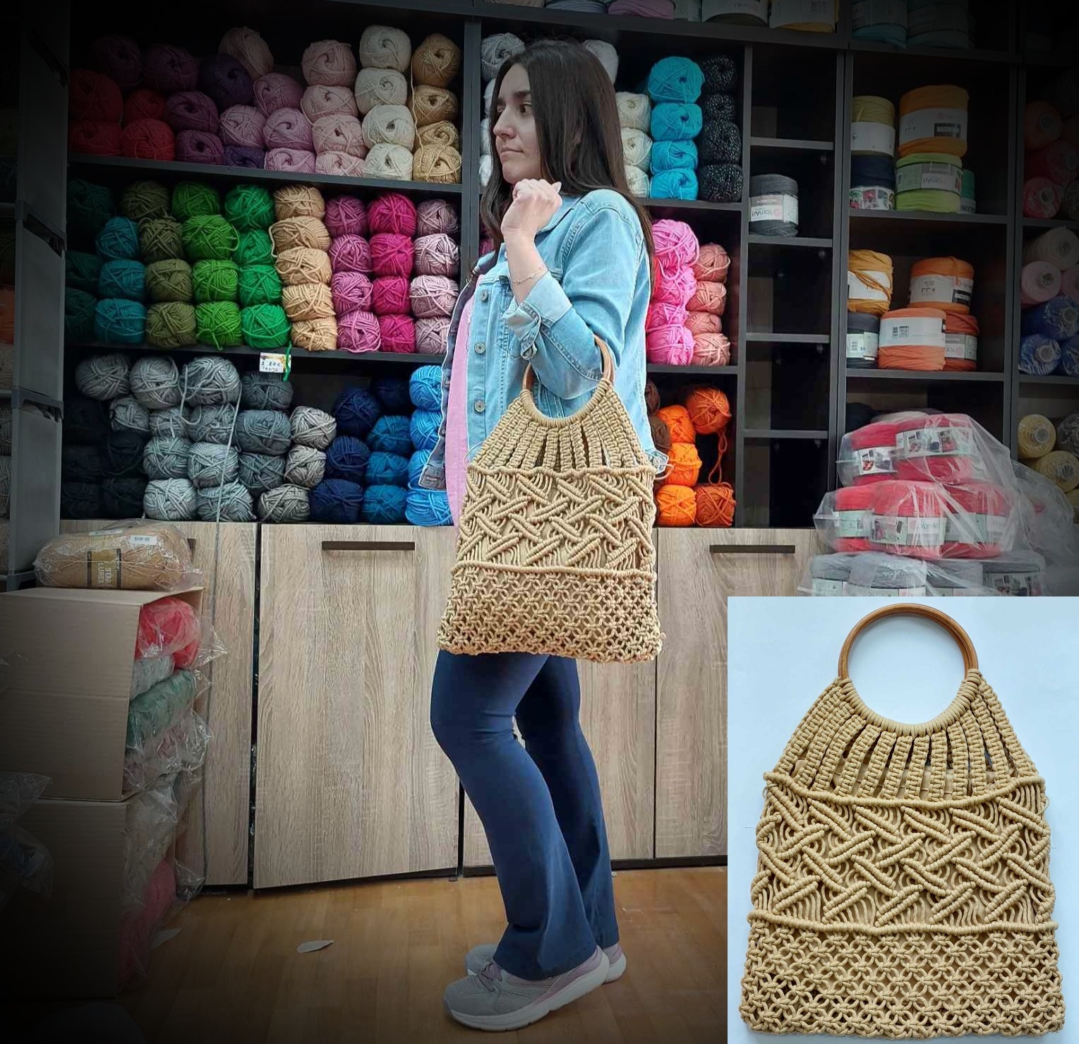ΤΣΑΝΤΑ MACRAME ΜΕ ΞΥΛΙΝΟ ΣΤΡΟΓΓΥΛΟ ΧΕΡΟΥΛΙ - Χρυσοχέρες